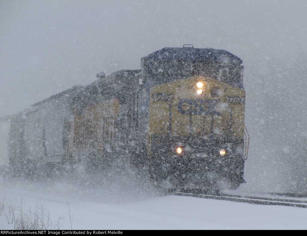 CSX 7783 westbound thru a blizzard near Higbie's